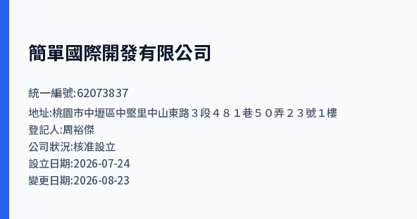 簡單國際開發有限公司的照片-統編 62073837(桃園市) 公司登記資料與營業項目詳細圖表
