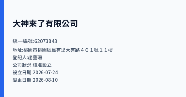 大神來了有限公司的照片-統編 62073843(桃園市) 公司登記資料與營業項目詳細圖表