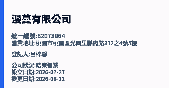 漫蔓有限公司的照片-統編 62073864(桃園市) 公司登記資料與營業項目詳細圖表