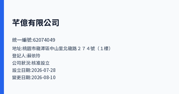 芊億有限公司的照片-統編 62074049(桃園市) 公司登記資料與營業項目詳細圖表