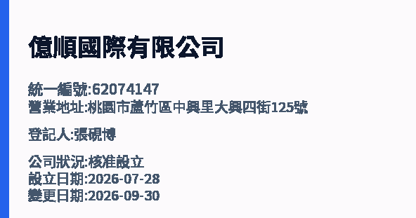 億順國際有限公司的照片-統編 62074147(桃園市) 公司登記資料與營業項目詳細圖表
