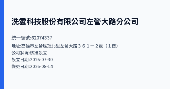 洗雲科技股份有限公司左營大路分公司的照片-統編 62074337(高雄市) 公司登記資料與營業項目詳細圖表
