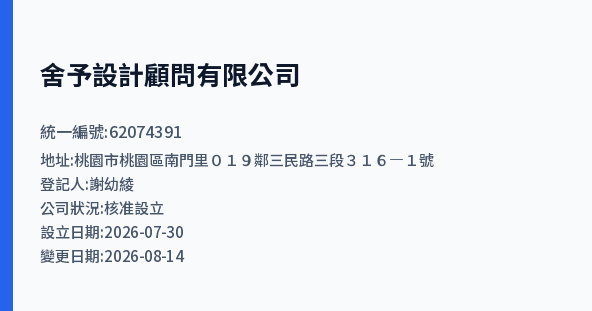舍予設計顧問有限公司的照片-統編 62074391(桃園市) 公司登記資料與營業項目詳細圖表