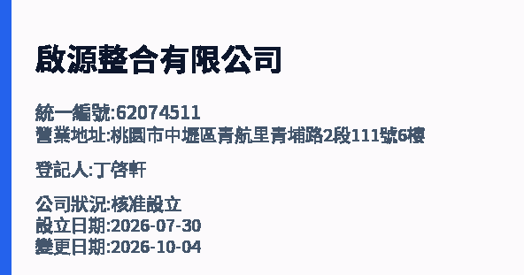 啟源整合有限公司的照片-統編 62074511(桃園市) 公司登記資料與營業項目詳細圖表