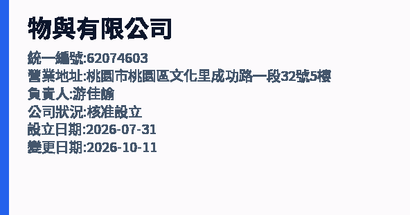 物與有限公司的照片-統編 62074603(桃園市) 公司登記資料與營業項目詳細圖表