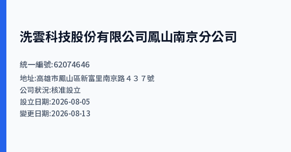 洗雲科技股份有限公司鳳山南京分公司的照片-統編 62074646(高雄市) 公司登記資料與營業項目詳細圖表