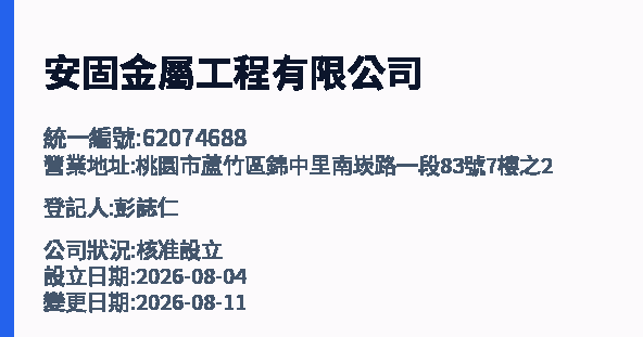 安固金屬工程有限公司的照片-統編 62074688(桃園市) 公司登記資料與營業項目詳細圖表