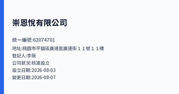 崇恩悅有限公司的照片-統編 62074701(桃園市) 公司登記資料與營業項目詳細圖表