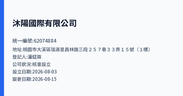 沐陽國際有限公司的照片-統編 62074884(桃園市) 公司登記資料與營業項目詳細圖表