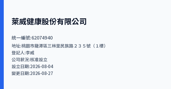 萊威健康股份有限公司的照片-統編 62074940(桃園市) 公司登記資料與營業項目詳細圖表