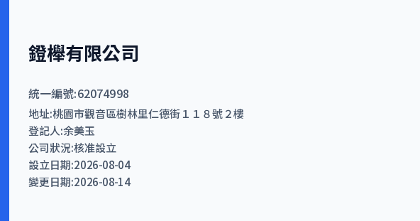 鐙櫸有限公司的照片-統編 62074998(桃園市) 公司登記資料與營業項目詳細圖表