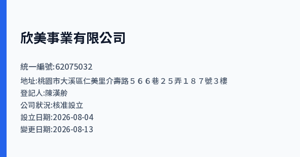 欣美事業有限公司的照片-統編 62075032(桃園市) 公司登記資料與營業項目詳細圖表