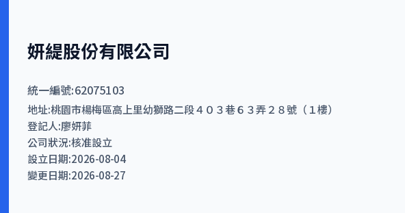 妍緹股份有限公司的照片-統編 62075103(桃園市) 公司登記資料與營業項目詳細圖表