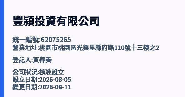 豐潁投資有限公司的照片-統編 62075265(桃園市) 公司登記資料與營業項目詳細圖表
