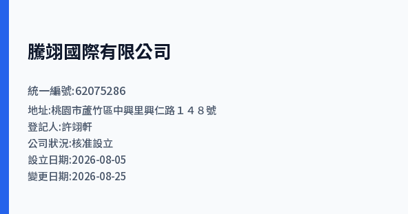 騰翊國際有限公司的照片-統編 62075286(桃園市) 公司登記資料與營業項目詳細圖表