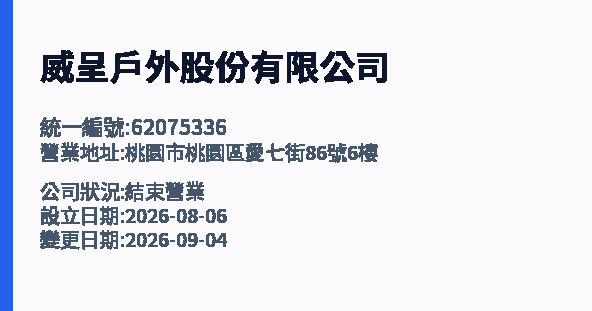 威呈戶外股份有限公司的照片-統編 62075336(桃園市) 公司登記資料與營業項目詳細圖表