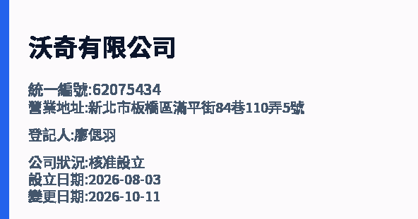 沃奇有限公司的照片-統編 62075434(新北市) 公司登記資料與營業項目詳細圖表