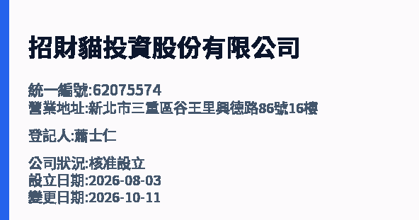 招財貓投資股份有限公司的照片-統編 62075574(新北市) 公司登記資料與營業項目詳細圖表