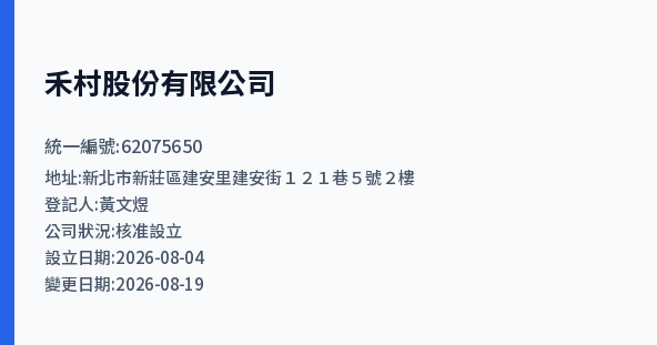 禾村股份有限公司的照片-統編 62075650(新北市) 公司登記資料與營業項目詳細圖表