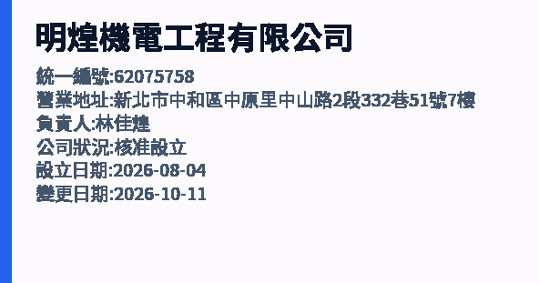 明煌機電工程有限公司的照片-統編 62075758(新北市) 公司登記資料與營業項目詳細圖表