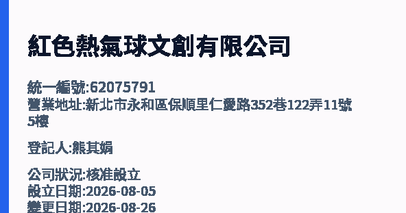 紅色熱氣球文創有限公司的照片-統編 62075791(新北市) 公司登記資料與營業項目詳細圖表