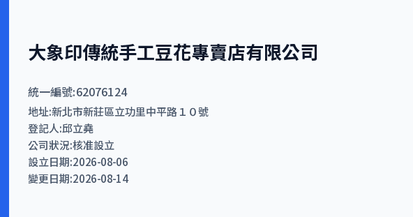 大象印傳統手工豆花專賣店有限公司的照片-統編 62076124(新北市) 公司登記資料與營業項目詳細圖表