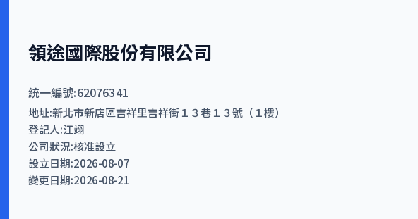 領途國際股份有限公司的照片-統編 62076341(新北市) 公司登記資料與營業項目詳細圖表