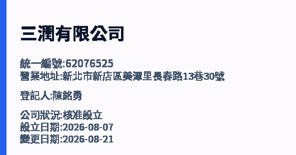 三潤有限公司的照片-統編 62076525(新北市) 公司登記資料與營業項目詳細圖表