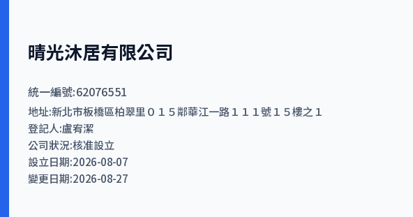晴光沐居有限公司的照片-統編 62076551(新北市) 公司登記資料與營業項目詳細圖表