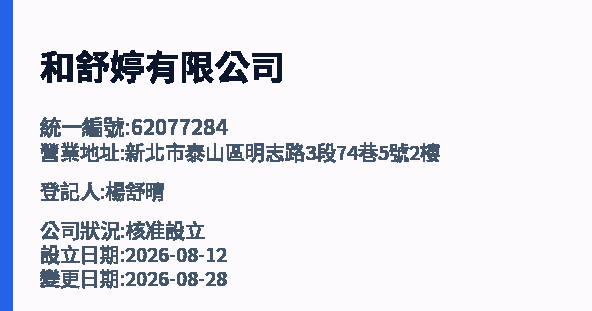 和舒婷有限公司的照片-統編 62077284(新北市) 公司登記資料與營業項目詳細圖表