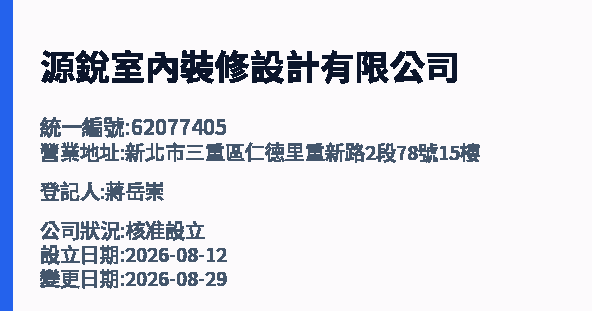 源銳室內裝修設計有限公司的照片-統編 62077405(新北市) 公司登記資料與營業項目詳細圖表