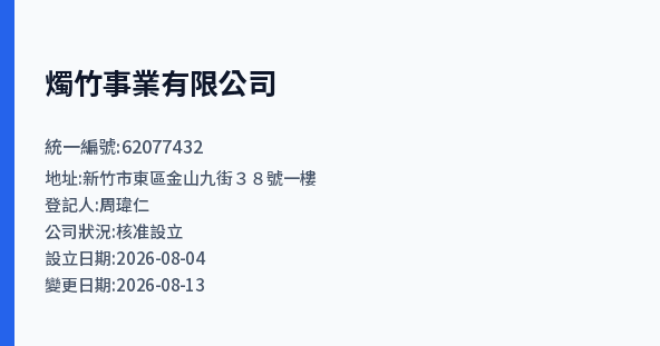 燭竹事業有限公司的照片-統編 62077432(新竹市) 公司登記資料與營業項目詳細圖表