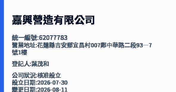 嘉興營造有限公司的照片-統編 62077783(花蓮縣) 公司登記資料與營業項目詳細圖表