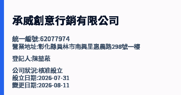 承威創意行銷有限公司的照片-統編 62077974(彰化縣) 公司登記資料與營業項目詳細圖表