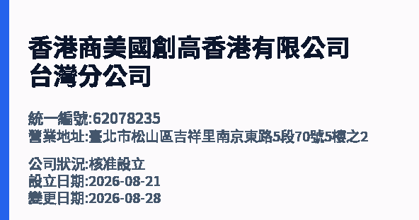 香港商美國創高香港有限公司台灣分公司的照片-統編 62078235(臺北市) 公司登記資料與營業項目詳細圖表
