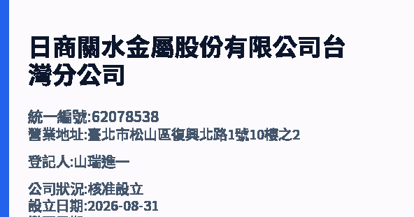 日商關水金屬股份有限公司台灣分公司的照片-統編 62078538(臺北市) 公司登記資料與營業項目詳細圖表