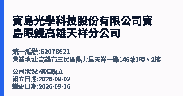 寶島光學科技股份有限公司寶島眼鏡高雄天祥分公司的照片-統編 62078621(高雄市) 公司登記資料與營業項目詳細圖表