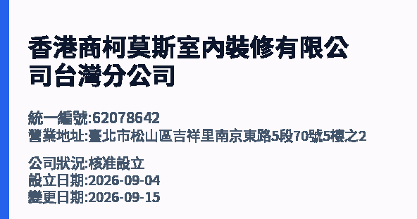 香港商柯莫斯室內裝修有限公司台灣分公司的照片-統編 62078642(臺北市) 公司登記資料與營業項目詳細圖表