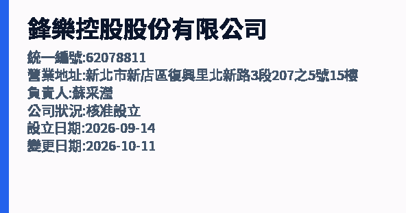 鋒樂控股股份有限公司的照片-統編 62078811(新北市) 公司登記資料與營業項目詳細圖表