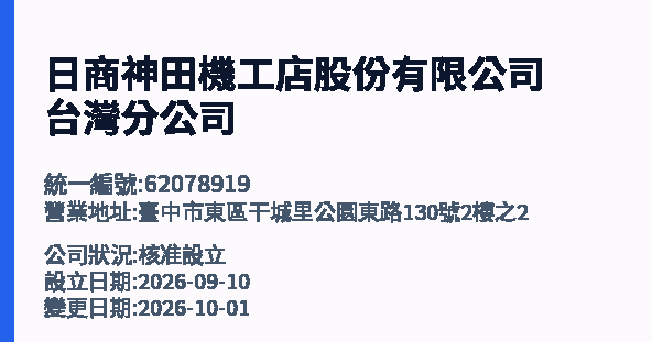 日商神田機工店股份有限公司台灣分公司的照片-統編 62078919(臺中市) 公司登記資料與營業項目詳細圖表
