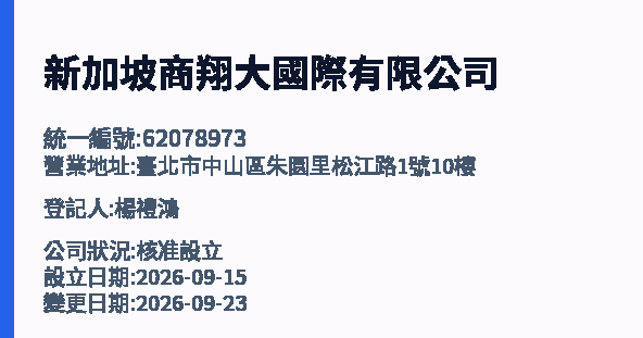 新加坡商翔大國際有限公司的照片-統編 62078973(臺北市) 公司登記資料與營業項目詳細圖表