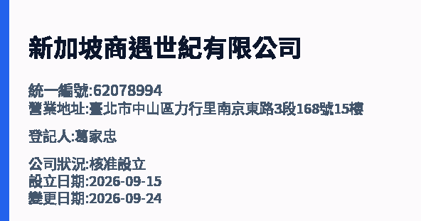 新加坡商遇世紀有限公司的照片-統編 62078994(臺北市) 公司登記資料與營業項目詳細圖表
