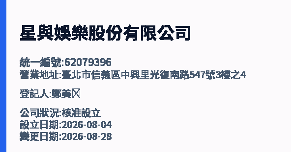 星與娛樂股份有限公司的照片-統編 62079396(臺北市) 公司登記資料與營業項目詳細圖表