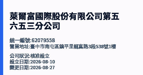 萊爾富國際股份有限公司第五六五三分公司的照片-統編 62079558(臺中市) 公司登記資料與營業項目詳細圖表