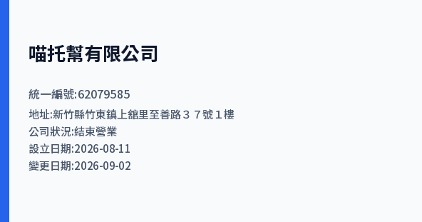 喵托幫有限公司的照片-統編 62079585(新竹縣) 公司登記資料與營業項目詳細圖表