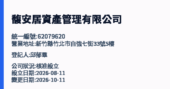 馥安居資產管理有限公司的照片-統編 62079620 公司登記資料與營業項目詳細圖表