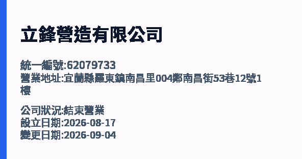 立鋒營造有限公司的照片-統編 62079733(宜蘭縣) 公司登記資料與營業項目詳細圖表