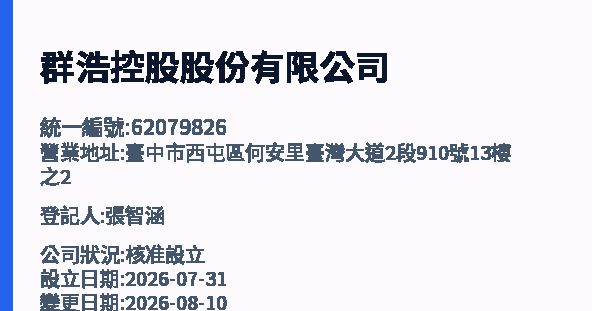 群浩控股股份有限公司的照片-統編 62079826(臺中市) 公司登記資料與營業項目詳細圖表