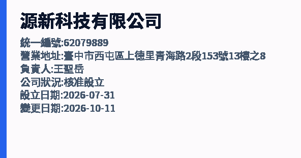 源新科技有限公司的照片-統編 62079889(臺中市) 公司登記資料與營業項目詳細圖表