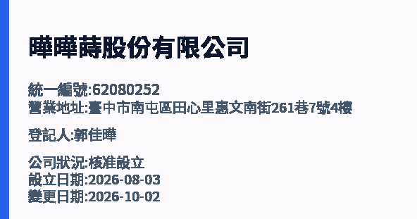 曄曄蒔股份有限公司的照片-統編 62080252(臺中市) 公司登記資料與營業項目詳細圖表